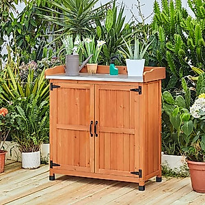 Yaheetech Garden Potting Bench Table - Outdoor Garden Patio Wooden Storage Cabinet & Solid Wood Planting Work Bench with Large Space Storage & Metal-Plated Tabletop, Brown