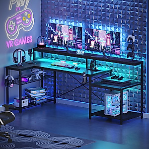 Bestier Gaming Desk with Power Outlets, 71.5 LED Computer Desk with Long Monitor Stand, Large L Shaped Corner Desk with Storage Shelf, Cup Holder Headset Hooks, Cool Desk for Gaming Room, Black