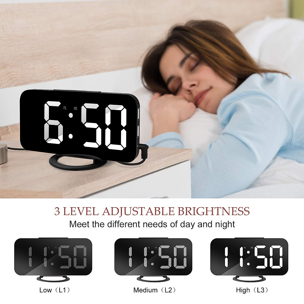Lamisola Digital Alarm Clock, Large LED Mirror Display,2 USB Charging Ports,Auto Adjustable Brightness,Aesthetic Modern Clocks for Bedroom Living Room Office,Black