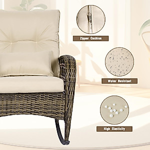 DECMICO Wicker Rocking Chair Set of 2, Patio Conversation Bistro Set, Rattan Outdoor Rocker Chairs with Cushions and Side Table, Wicker Porch Furniture for Backyard, Garden, Beige