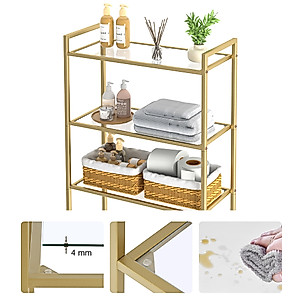 Homhedy Over The Toilet Storage, Metal 3-Tier Over-The-Toilet Bathroom Organizer Rack, Tempered Glass Shelves, Space-Saving, for Bathroom, Restroom, Laundry, Modern Style, Golden