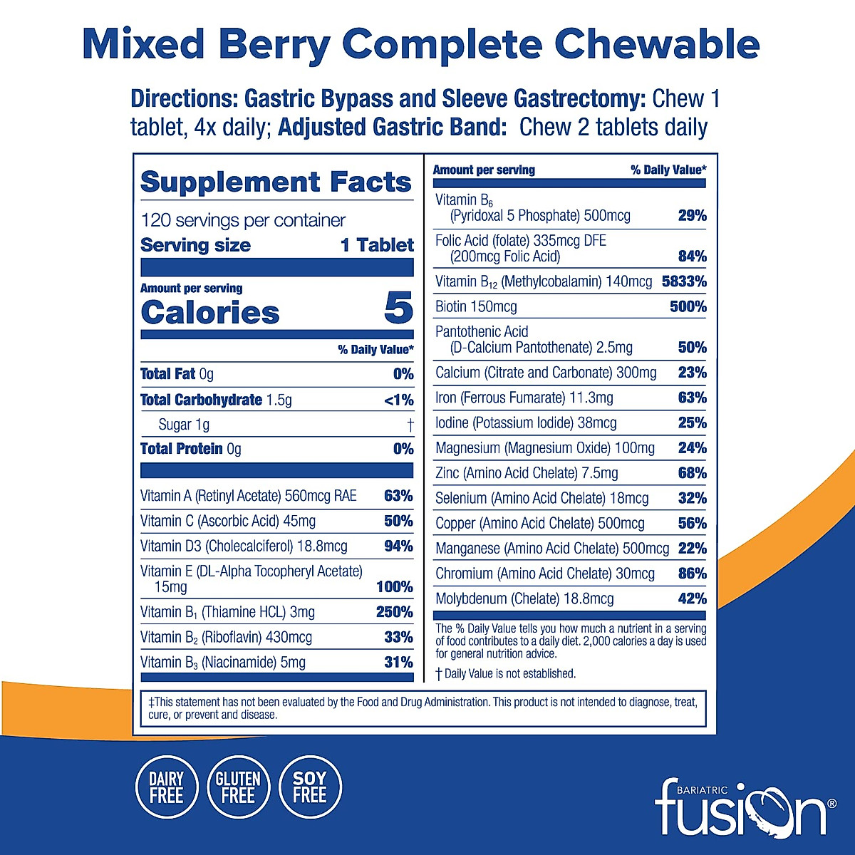 Bariatric Fusion Mixed Berry Complete Chewable Bariatric Multivitamin with Iron for Bariatric Surgery Patients Including Gastric Bypass and Sleeve Gastrectomy - 120 Tablets