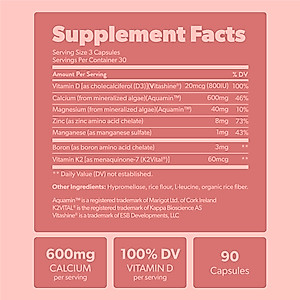 Calcium Supplement - Whole Food with Vitamin K2 & D3, Magnesium, Zinc, Boron, Mineral Complex. Sourced Sustainably from Red Algae. for Bone Strength and Support. Non-GMO & Vegan 90 Capsules.