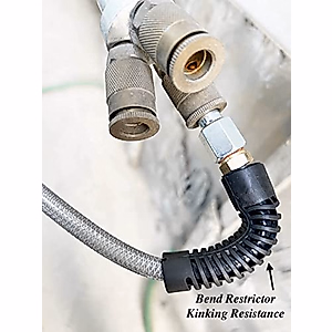 SANFU Polyurethane(PU) Air Hose 1/4-Inch x 100ft Reinforced, lightweight Anti-low temperature 300PSI with 1/4” Swivel Industrial Quick Coupler and Plug, Bend Restrictor, Silver Gray(100’)