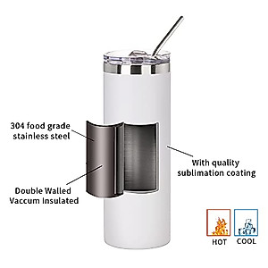 PYD Life Sublimation Blanks Tumbler Skinny Straight Matte White Powder Coating 20 OZ Coffee Stainless Steel Tumbler Cups with Lid and Metal Straw for Tumbler Heat Press 4 Pack