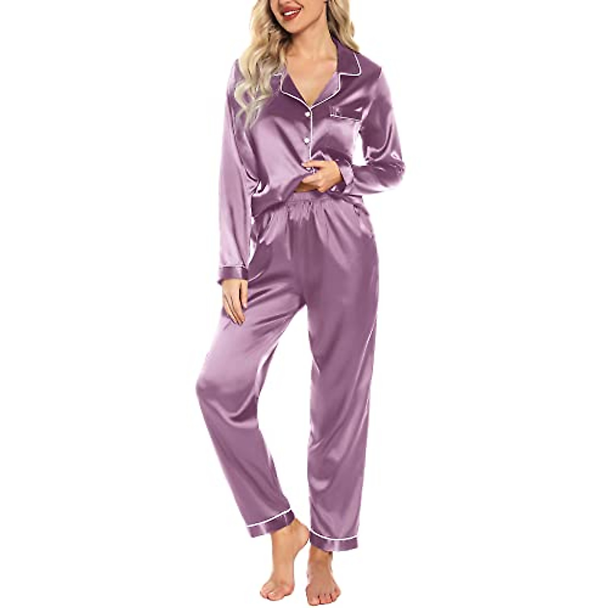 Senert Womens Silk Satin Pajamas Loungewear Two-piece Sleepwear Button-Down Pj Set Violet,X-Large