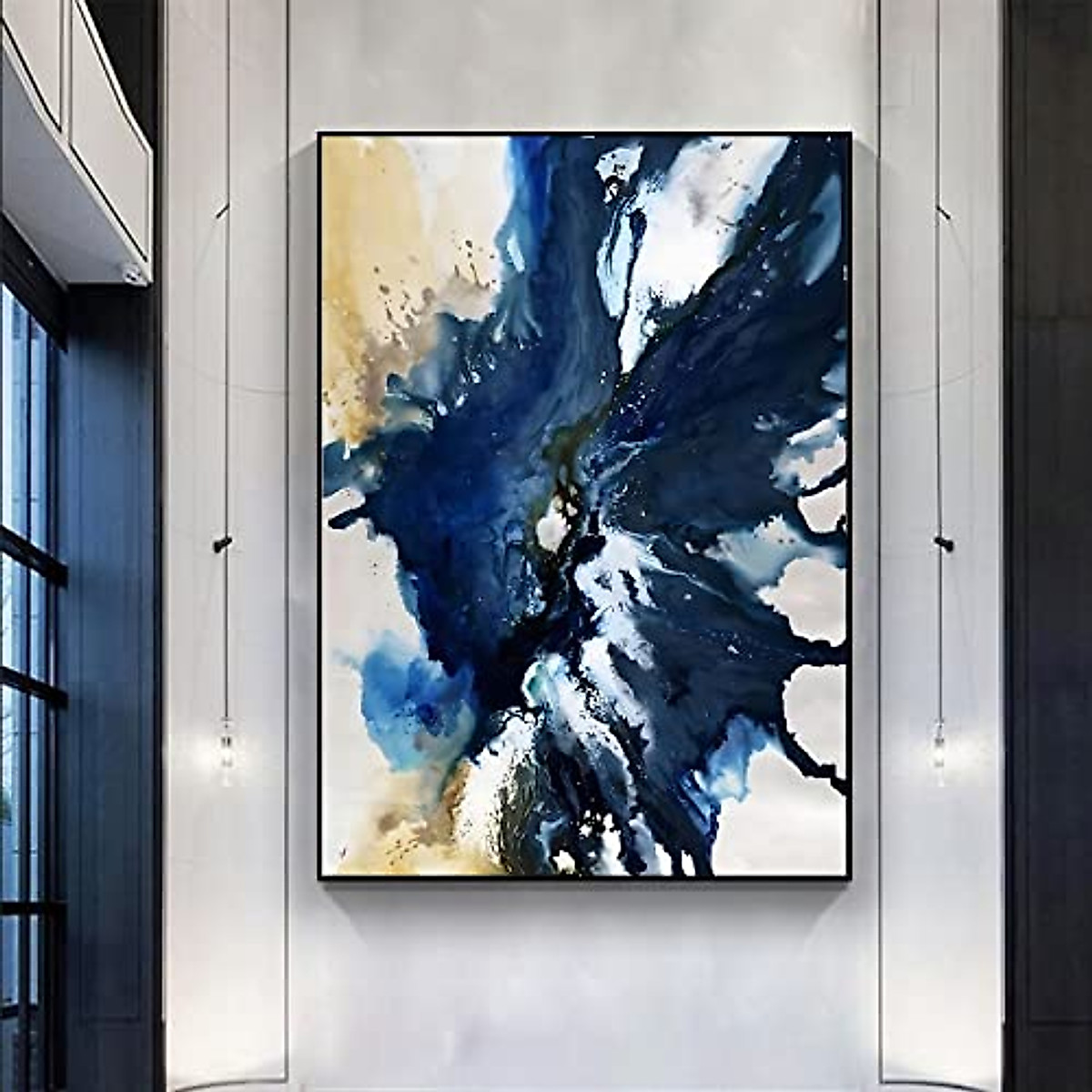 Navy Blue and Gold Paintings Blue White and Gold Canvas Wall Art Modern Navy Blue Art Abstract Blue Watercolor Painting Dark Blue Abstract Art Print Blue White Yellow Modern Artwork 16x24inch No Frame