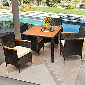 Flamaker 5 Piece Patio Dining Set Outdoor Acacia Wood Table and Chairs with Soft Cushions Wicker Patio Furniture for Deck, Backyard, Garden