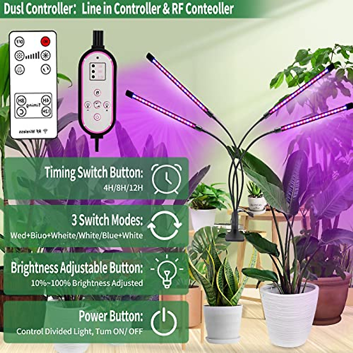Grow Lights for Indoor Plants, GooingTop LED Grow Light for Seed Starting with Red Blue Spectrum, 4/8/12H Timer, 10 Dimmable Levels & 3 Switch Modes, Adjustable Gooseneck Suitable for Various Plant