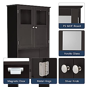 VINGLI Bathroom Over The Toilet Organizer Behind The Toilet Storage Organizer with Double Acrylic Glass Doors Adjustable Shelf Free Standing Wooden Space Saver Collect Home Furniture Decor