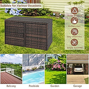 Outvita Outdoor Storage Box, 88GAL Waterprrof Rattan Patio Deck Storage Container with Double Doors and Flip Cover for Backyard, Balcony, Poolside, Garden Brown