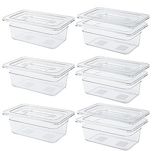 Qmeeki 6 Pack 1/4 Size 4'' Deep Clear Food Pans with Lids, Commercial Food Pans Acrylic Transparent Food Storage Containers, Stackable Plastic Pan with Capacity Scale, Restaurant Supplies Hotel Pan