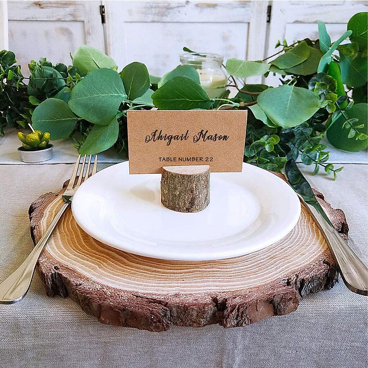 whatUneed 40 Sets Place Card Holders, Rustic Real Wood with Wooden Bark Table Card Holder, Number Photo Stand Place Name Memo Card Holder for Wedding Party (40 Holders+40 Kraft Place)