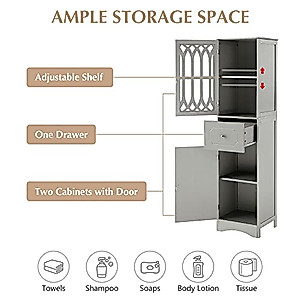 Merax Freestanding Linen Tower Bathroom Storage Cabinet with Adjustable Shelf, Drawer and 2 Doors, Tall Slim, 16.5" L x 14.2''W x 63.8''H, Grey