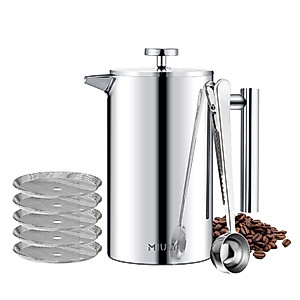 Miuly French Press 34oz, Double Insulated 304 Stainless Steel Coffee Press,Stainless Steel French Press with 5 Extra Fliters and 3 Additional Coffee Set(34oz, Sliver)