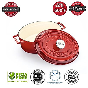 LAVA 5 Quarts Cast Iron Dutch Oven: Multipurpose Stylish Oval Shape Dutch Oven Pot with Glossy Sand-Colored Three Layers of Enamel Coated Interior with Trendy Lid (Red)