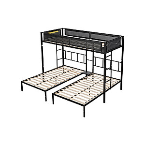 Oudiec Triple Bunk Bed Twin Over Twin, Metal Bedframe with Safety Guardrail & Ladder, Can Be Separated into 3 Twin Beds, No Box Spring Needed, Easy to Assemble for Dorm, Bedroom, Guest Room, Black