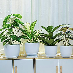 UOUZ 10/9/8/6.3 inch Plant Pots, Modern Plastic Planters Planting Pots with Multi Drainage Holes and Saucers for Indoor Outdoor Plants Flowers, White