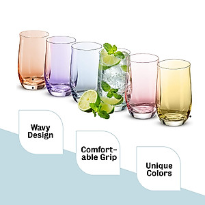 Colorful Drinking Glasses [Set of 6 | 14 Ounces]Colored Glass Cups with Heavy Weighted Base, Multi-Colored Glasses, Drinking Cups, Beer Glasses, Highball Glasses, Glass Tumbler, Cocktail Mixing Glass