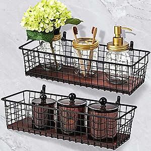 2 Set [Extra Large] Portable Metal Farmhouse Wall Decor Storage Organizer Basket Bin with Handles and Floating Shelves for Hanging in Bathroom,Kitchen,Office-Wall Mount Hooks Included (2, Black)