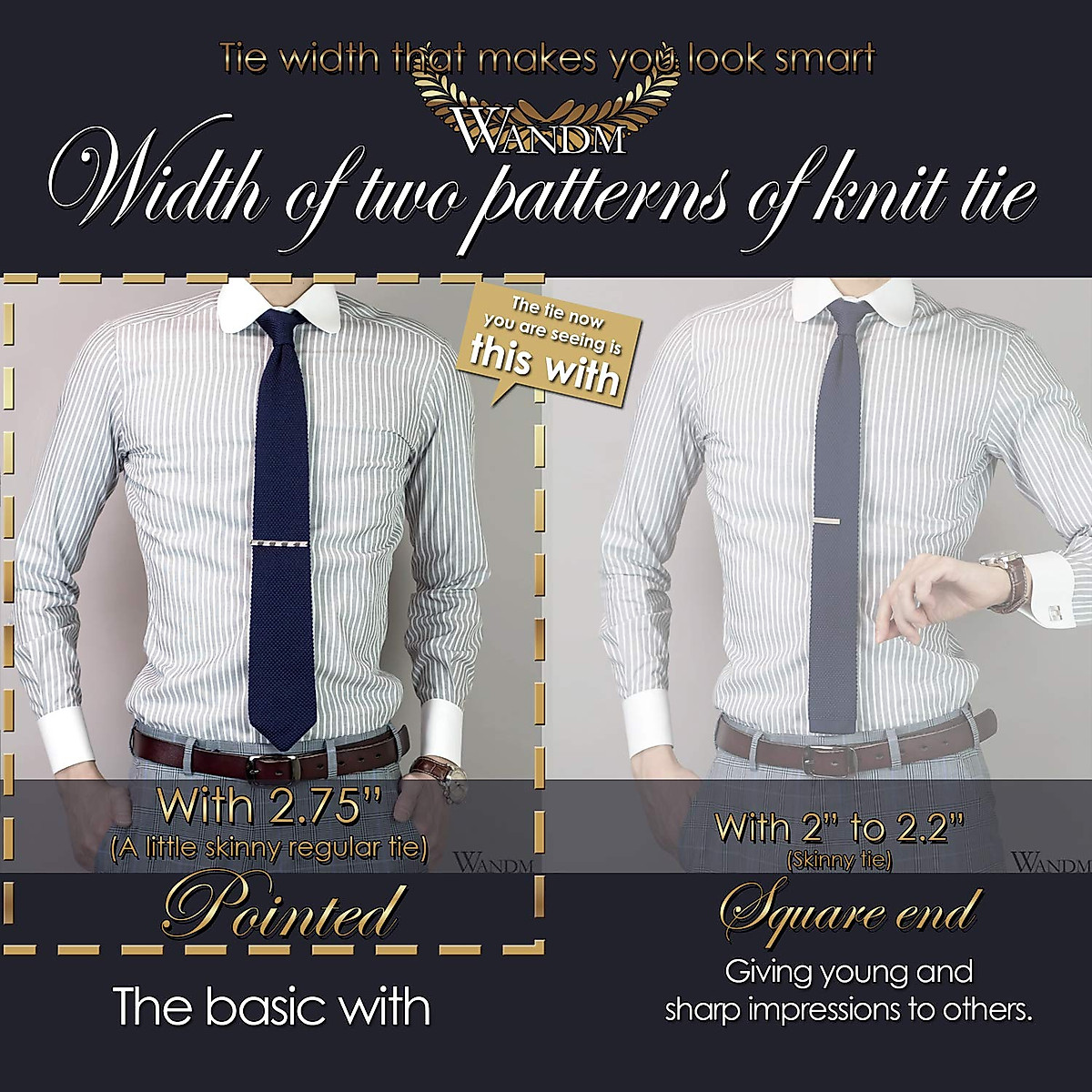 WANDM Men's Pointed Knit Tie Necktie Width 2.75 inches Washable Solid Color Black