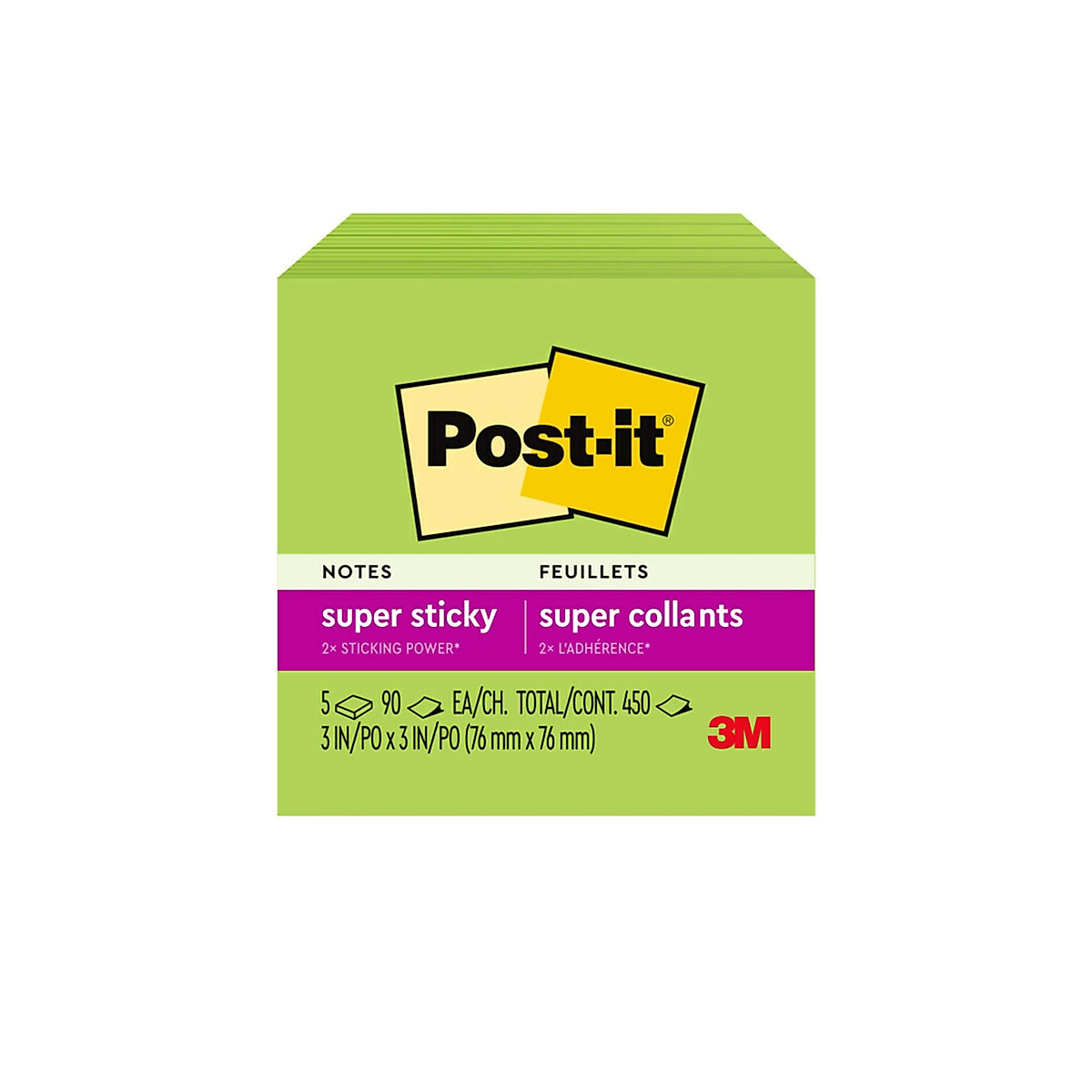 Post-it Super Sticky Notes, 3x3 in, 5 Pads, 2x the Sticking Power, Limeade Green, Recyclable (654-5SSLE)