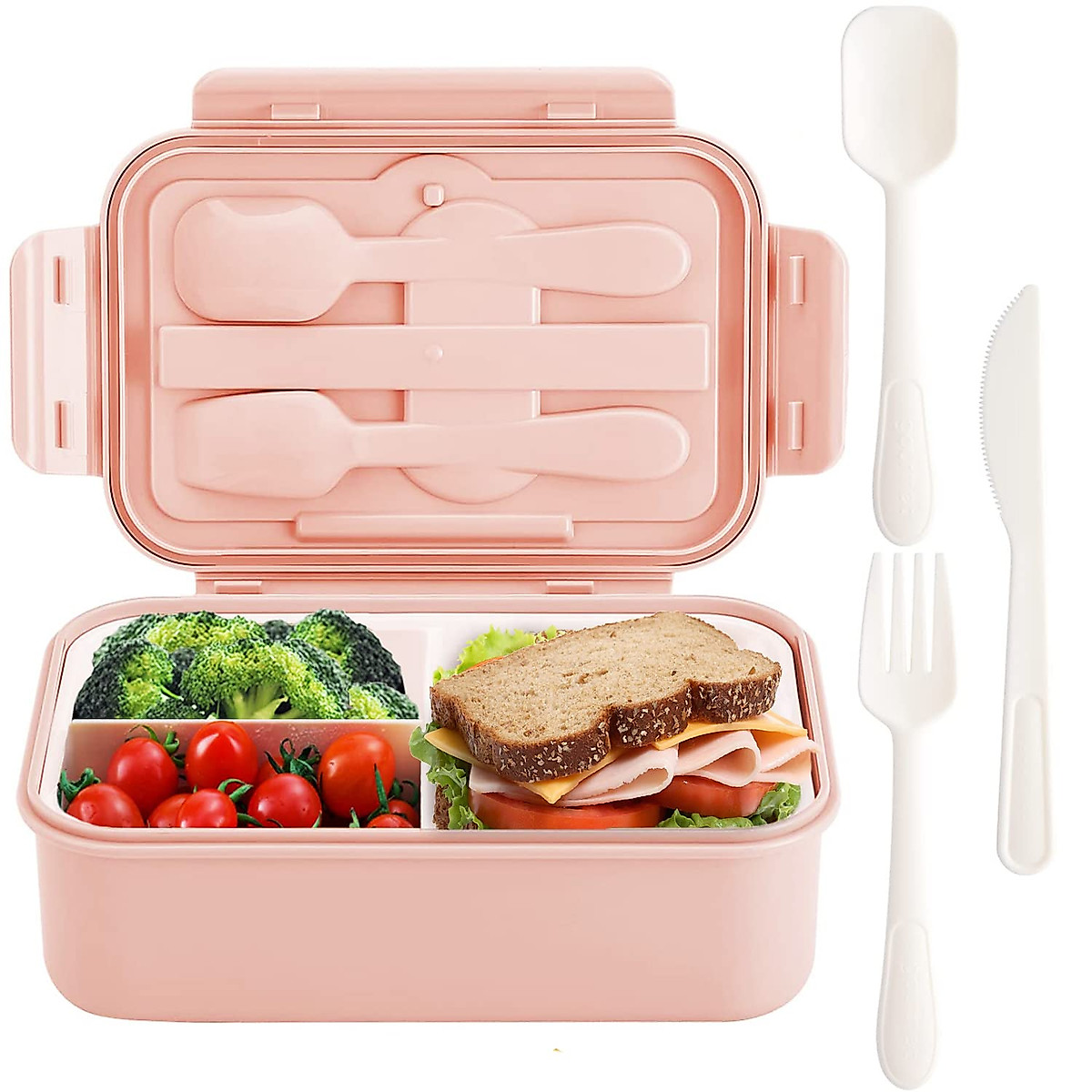 TACGEA Bento Box for Kids and Adults, Lunch Box 37oz Food Storage Container with Fork & Spoon, Knife, BPA Free, Microwave, Dishwasher Freezer Safe (Pink)