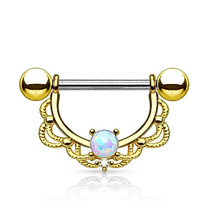 Pair of Opal Fligree 14K Gold Plated Surgical Steel Nipple Rings Barbells 14G - Gold