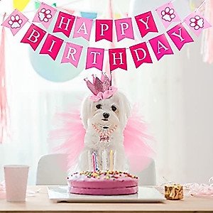 Pinkunn 4 Pieces Cute Dog Birthday Outfit with Pet Tutu Skirt Puppy Pearl Necklace Dog Crown Hat and Banner for Happy Birthday Gift Puppy Dog Pet Cat Birthday Party Supplies (Pink)
