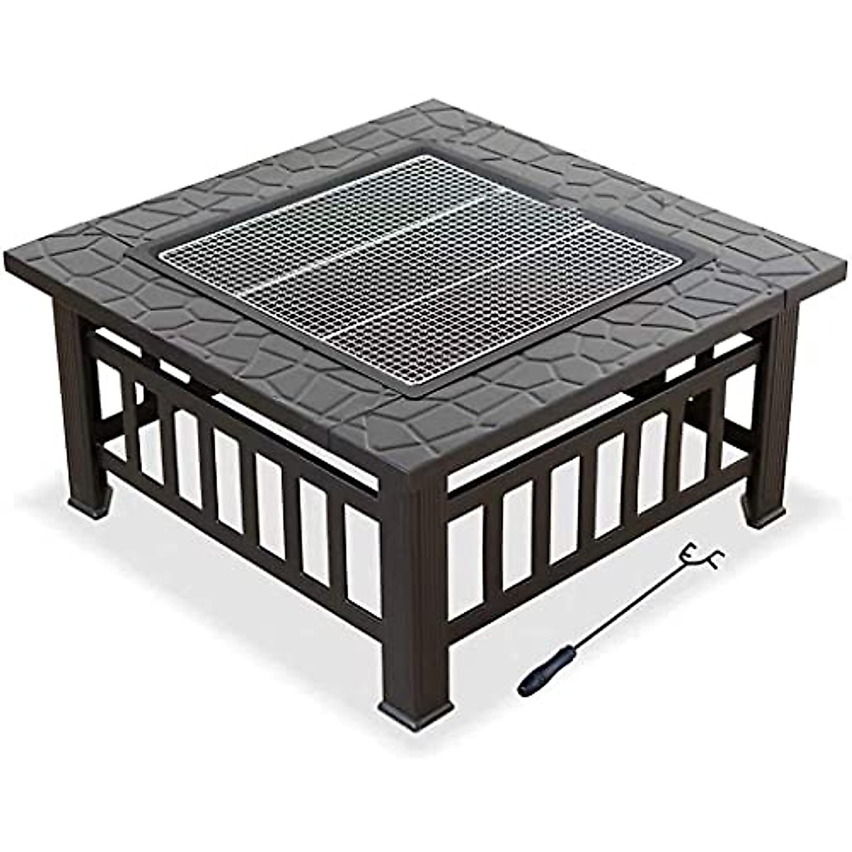 LEAYAN Garden Fire Pit Grill Bowl Grill Barbecue Rack Fire Pit,Outdoor Wood Burning Firebowl Fireplace Poker Spark Screen Retardant Mesh Lid Extra Deep Large Square Deck Heavy Duty Metal Grate