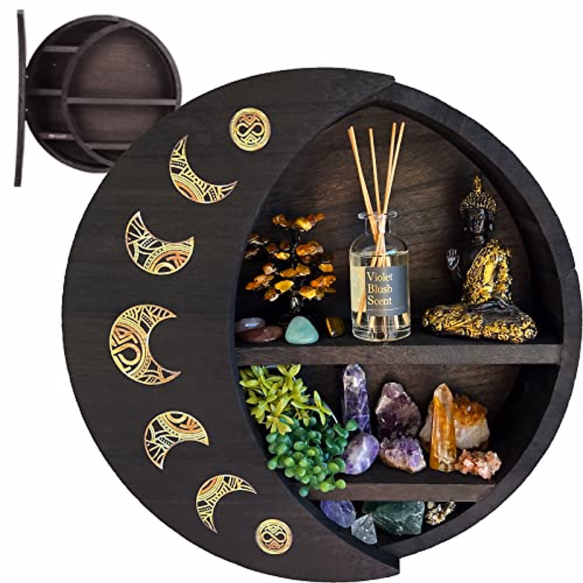 MJUFF 16" Wooden Moon Shelf for Crystals and Essential Oils - Crystal Shelf Display with Magnetic Door - Wiccan Decor Crystal Organizer - Round Wall Shelf for Unique Home Decor
