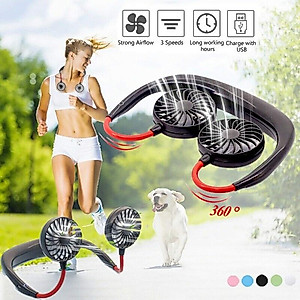 SUPKEY Hands Free Portable Neck Fan - Rechargeable Mini USB Personal Fan Battery Operated with 3 Level Air Flow, LED Lights for Home Office Travel Indoor Outdoor (Black)