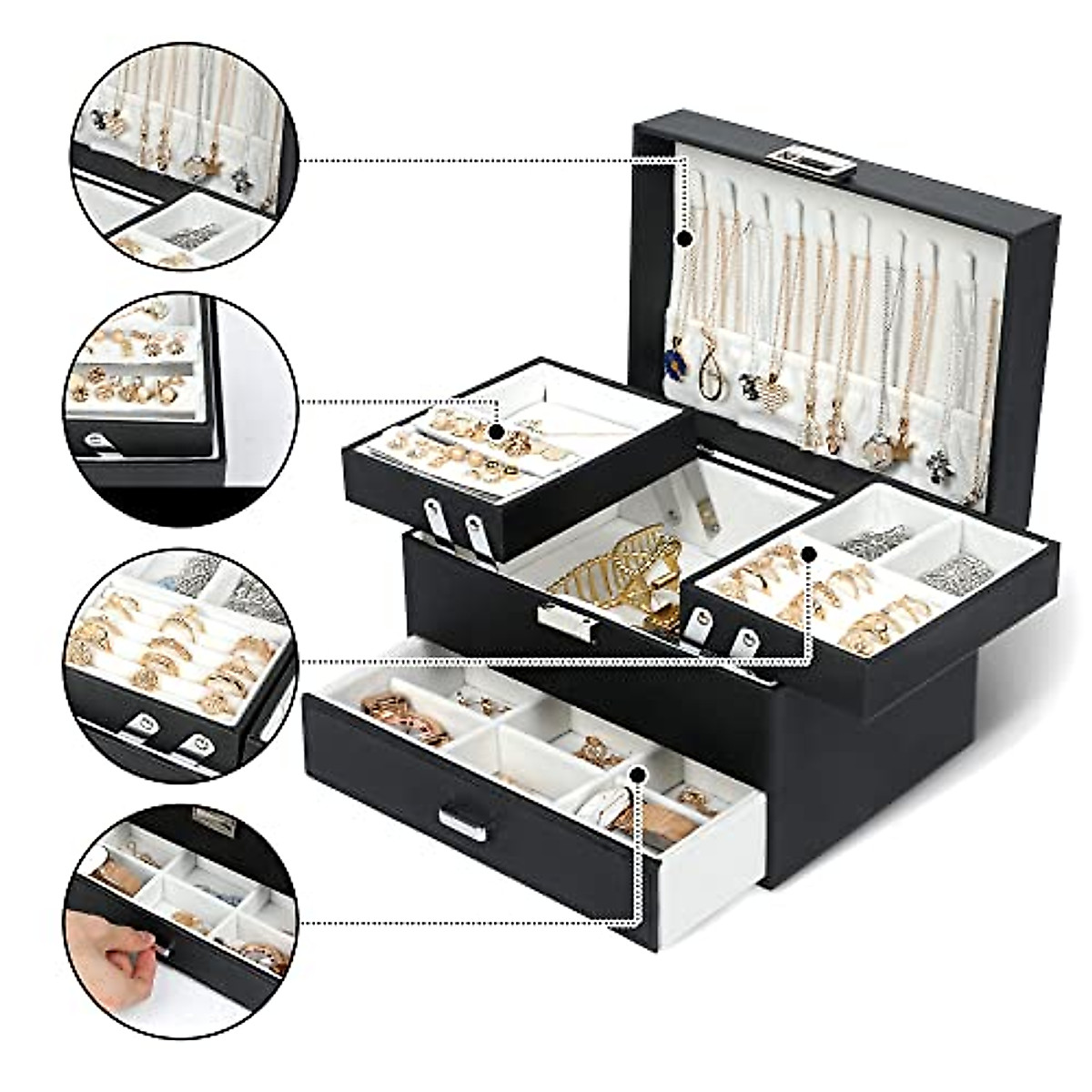 Dajasan Jewelry Box for Women 3 Layers Large Jewelry Organizer with velvet Travel Jewelry Storage Organizer Jewelry Case for Earring, Ring, Necklace, Bracelets