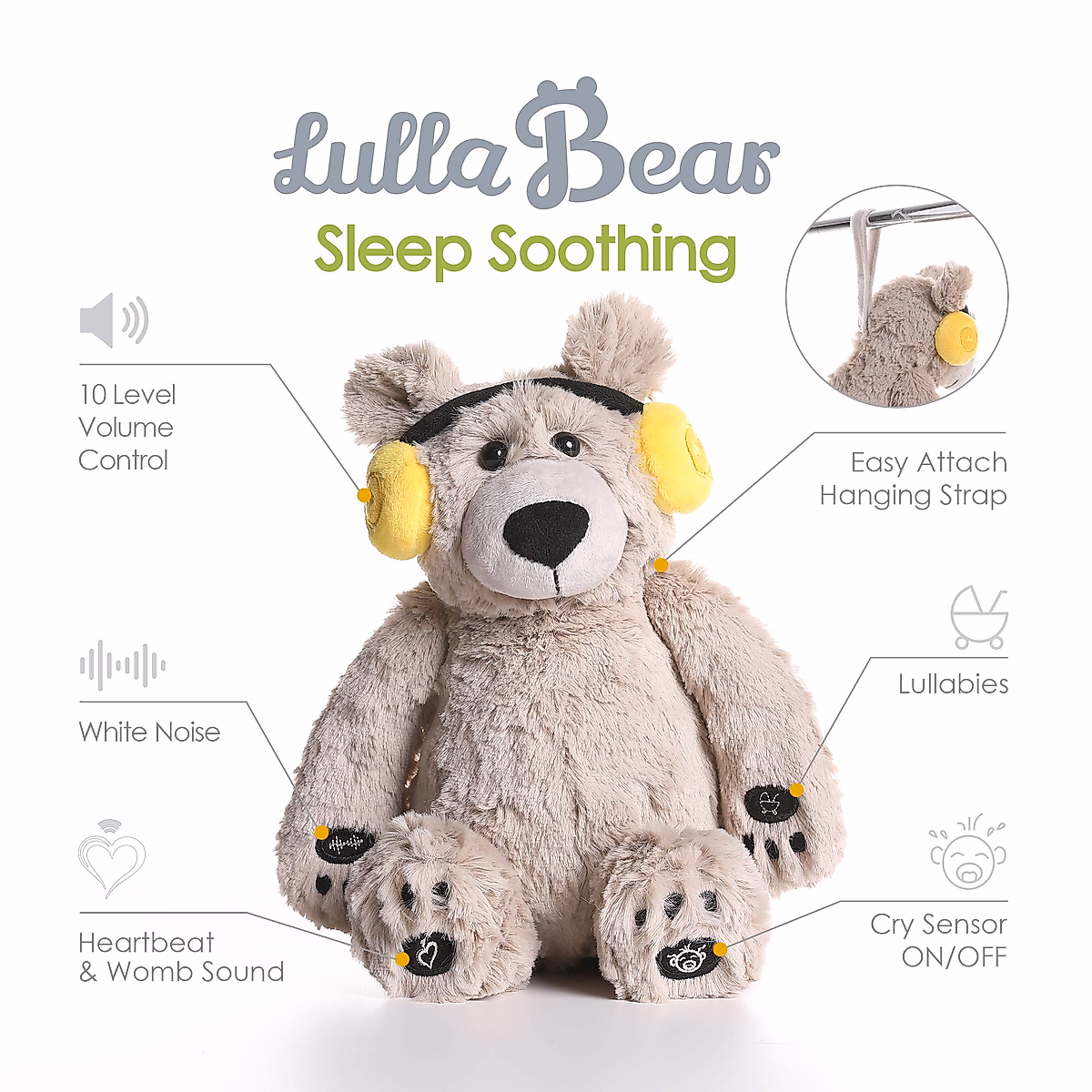 Alex & Kate Lulla Bear Mom’s Heartbeat Sound, White Noise, and Lullabies - Portable Toddler Sleep Aid Toy, Baby Sleep Soothing Sounds for Newborn Crib to Comfort, Gender Neutral