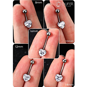 OUFER 14G Belly Rings, Long Belly Button Rings, G23 Solid Titanium Belly Piercing Jewelry, Heart Shaped Navel Piercing Jewelry, Belly Rings for Women Men-16mm