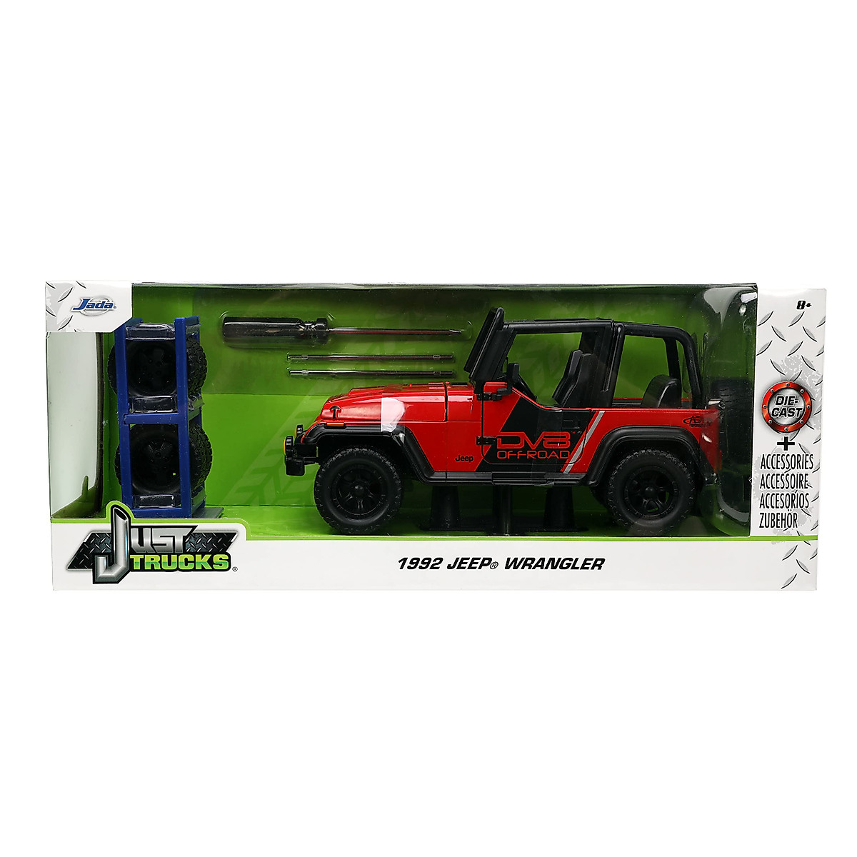 Jada Toys Just Trucks 1:24 1992 Jeep Wrangler Die-cast Car Red/Black with Tire Rack, Toys for Kids and Adults
