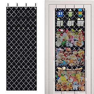VICTORICH Stuffed Animal Storage, Over Door Organizer for Stuffed Animals Holder, Stuffed Animal Net Hammock with 4 Pockets for Baby Accessories, Toy Plush Storage, Kids Bedroom Organization, Black