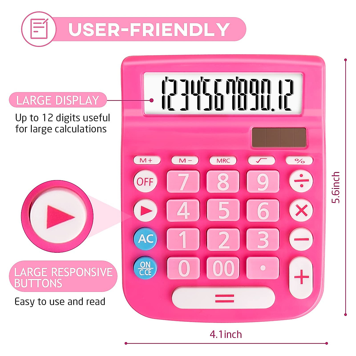 Calculators Desktop, Large Display Big Button, Solar and Battery Dual Power, 12 Digit Small Basic Standard Functional Calculator Cute for Office, Home, School (Pink)