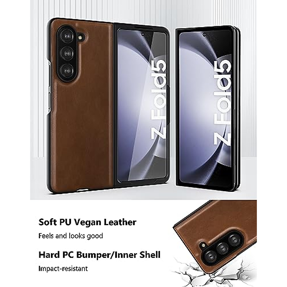 Cresee Case for Samsung Galaxy Z Fold 5 (2023) with Cover Screen Protector, PU Leather & Hard PC Bumper Phone Case for Galaxy Z Fold5 - Brown