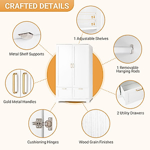VINGLI Wide White Armoire Wardrobe Closet with Adjustable Shelves and Drawers, 60" Freestanding Closet Wardrobe Cabinet, Armoires and Wardrobes with Doors for Kids' Room, Dorm