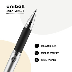 uni-ball 207 Impact Gel Pens, Bold Point (1.0mm), Black, 4 Count