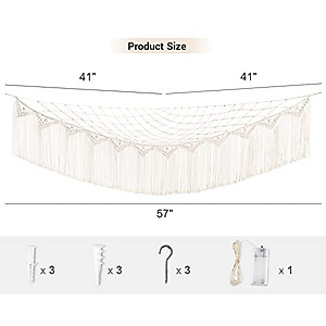 Mkono Stuffed Animal Hammock Macrame Toy Storage Organizer with Lights and Tassels Boho Hanging Stuff Animals Net Large Capability Corner Toys Display Holder for Nursery Kid Room Playroom, 1 piece