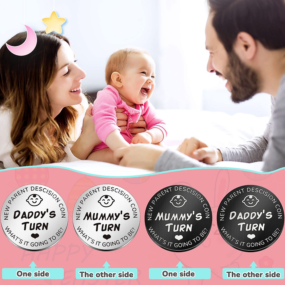 2 Pieces Fun New Parents Decision Coin Double-Sided Decision Making Coin New Baby Presents Pregnancy Presents for First Time Mom New Dad Presents for Christmas Thanksgiving Silver and Black