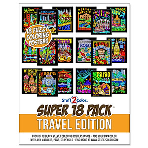 Super Pack of 18 Fuzzy Velvet Coloring Posters (Travel Edition) - Famous Cities - Educational Arts & Crafts Kit for Kids, Girls, and Boys - Perfect as a Quiet Time or Shareable Family Activity