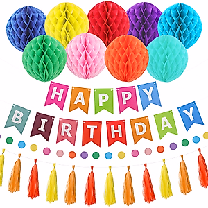 RUBFAC Rainbow Birthday Decorations Set, Colourful Happy Birthday Banner, Tissue Paper Pompoms, Circle Dots Garland and Paper Tassels Garland for Birthday Party Decorations