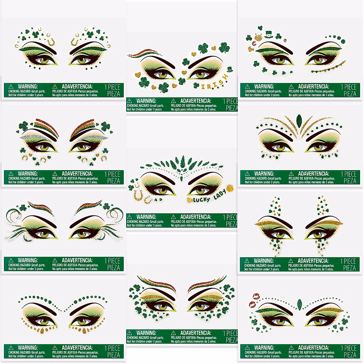 117 Pcs St. Patrick's Day Glitter Face Tattoos Green Face Jewelry Tattoos Temporary Face Jewelry Three Leaf Glitter Shamrock Clover for St. Patrick's Day Party Accessory, 33 Sheets