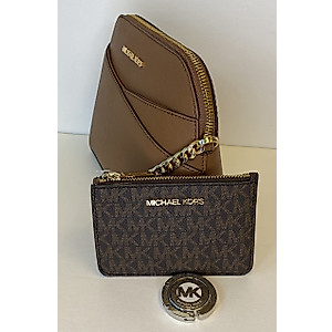 Michael Kors MICHAEL Michael Kors Jet Set Travel MD Dome XCross Crossbody bundled with SM TZ Coinpouch Purse Hook (Luggage/Signature MK Brown)
