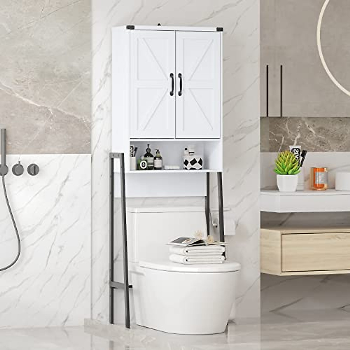 Saedew Over The Toilet Storage Cabinet, Over Toilet Bathroom Organizer with 2-Door Blinds Design, Freestanding Space Saver Toilet Stands,Bathroom Toilet Rack