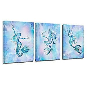 Mermaid Bathroom Decor Wall Art for Bedroom Modern Artwork for Walls Colorful Mermaid Decor for Girl Room Canvas Art Wall Decor Framed Wall Decorations Watercolor Mermaid Wall Pictures for Bedroom