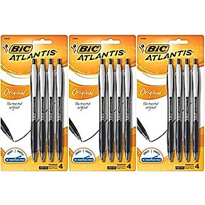 BIC Atlantis Original Retractable Ball Pen, Medium Point, Black, 12 Pens (3 x 4 Count Packages)